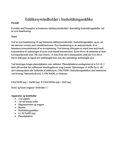 Eddikesyreindholdet i husholdningseddike - Kemi - Opgaver.com