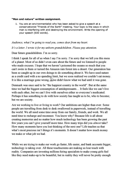 Man and Nature - a letter for future generations. - Engelsk - Opgaver.com