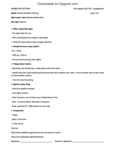 Outline engelsk racism - Engelsk - Opgaver.com