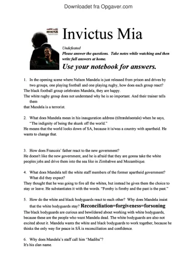 Invictus, Questions to the movie - Engelsk - Opgaver.com