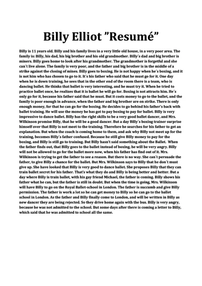 Billy Elliot resume - Engelsk - Opgaver.com