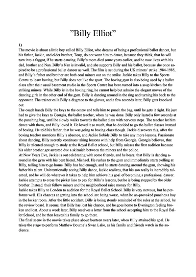 Billy Elliot resume - Engelsk - Opgaver.com