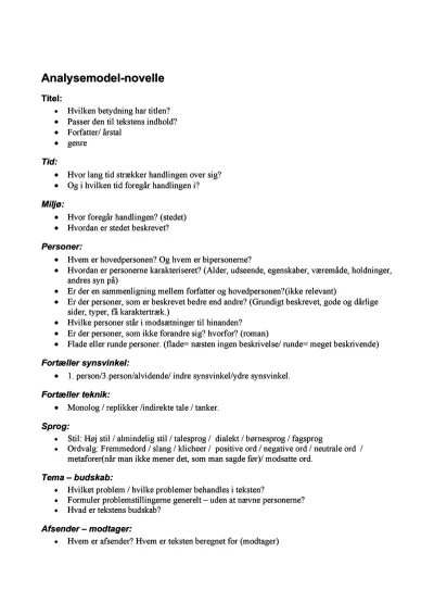 Analysemodel af en novelle - Dansk - Opgaver.com