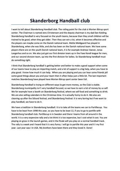 Skanderborg Handball club - Engelsk - Opgaver.com